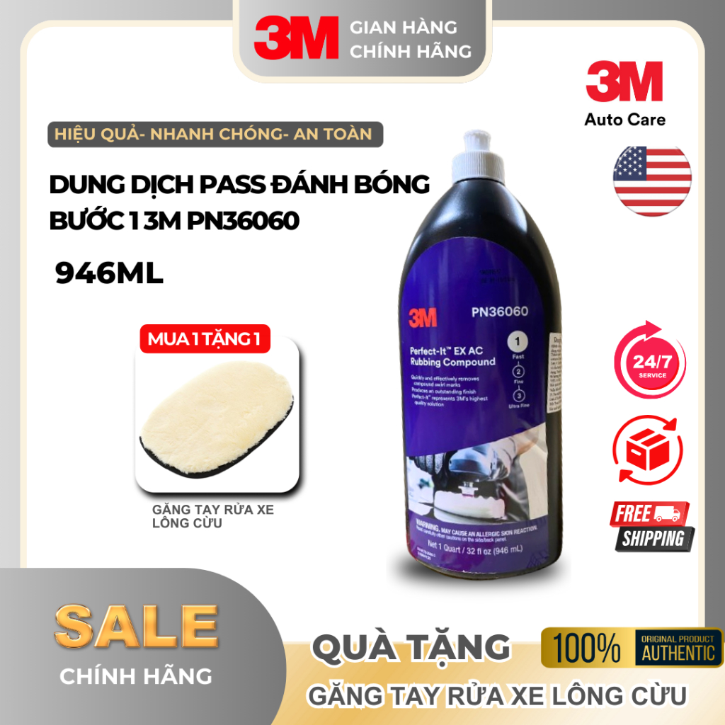 [ Tặng găng tay lông cừu]Dung dịch đánh bóng bước 1 3M™ PN36060 PERFECT-IT EX RUBBING COMPOUND ...