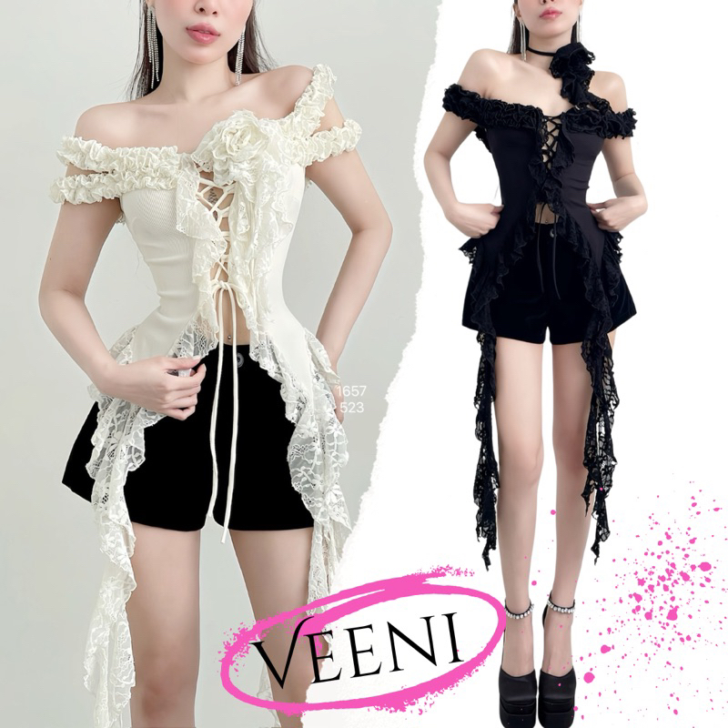 VEENI - Áo kiểu thun gân phối layer dài ren cao cấp, KÈM CHOKER hoa nổi ...