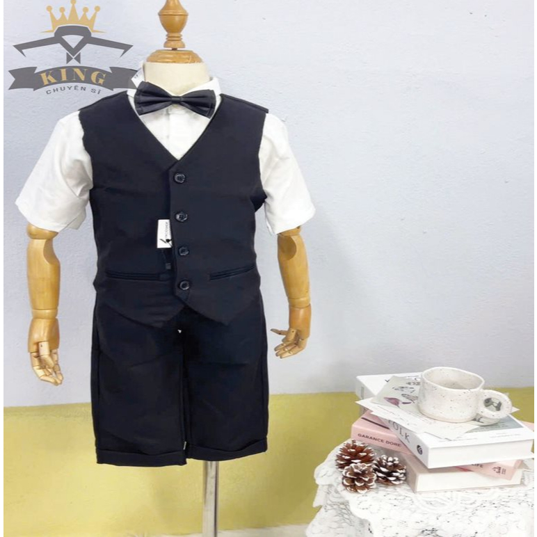 Bộ vest gile KING caravat set ghi lê kết hợp áo sơ mi ngắn tay và quần ...