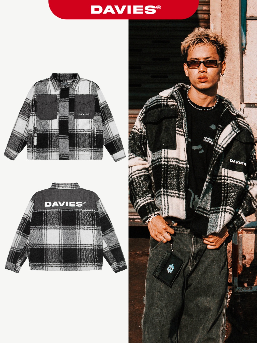 Áo flannel nam nữ nỉ dạ phối jean DAVIES local brand caro đen trắng ...