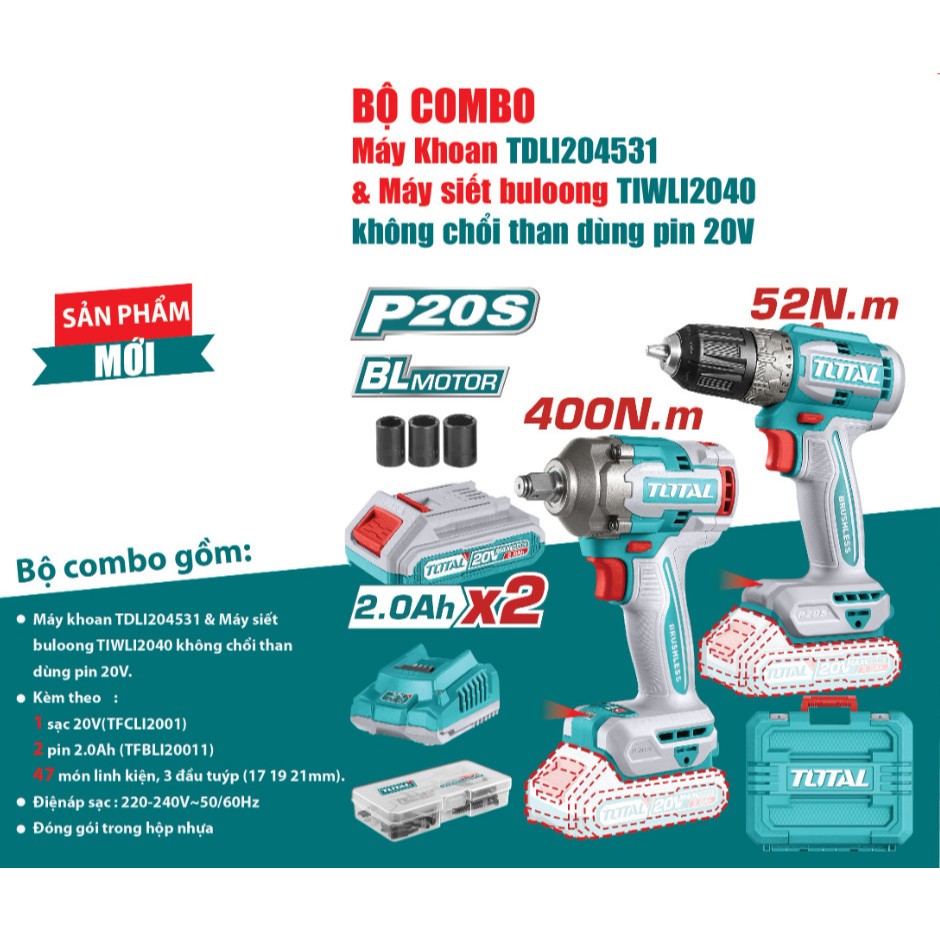 Bộ combo máy khoan TDLI204531 & máy siết vít TIRLI2028 không chổi than ...