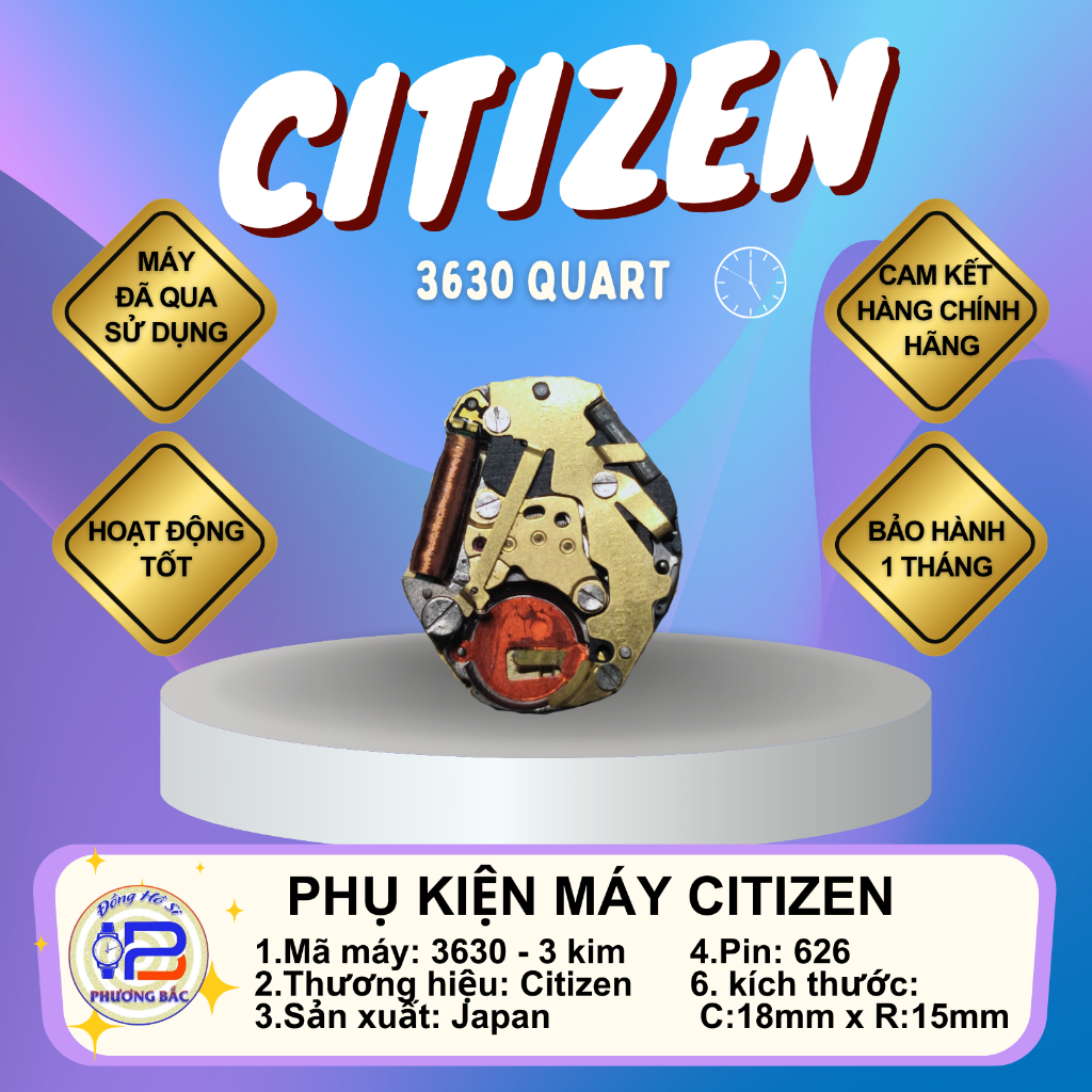 Bộ máy linh kiện đồng hồ Citizen 3630 3 kim, chạy pin 626, máy bóc từ ...