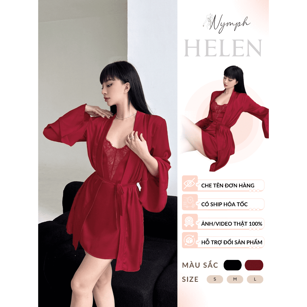 Áo choàng ngủ lụa cao cấp phối ren Helen NightDress Chất lụa Latin Mềm ...