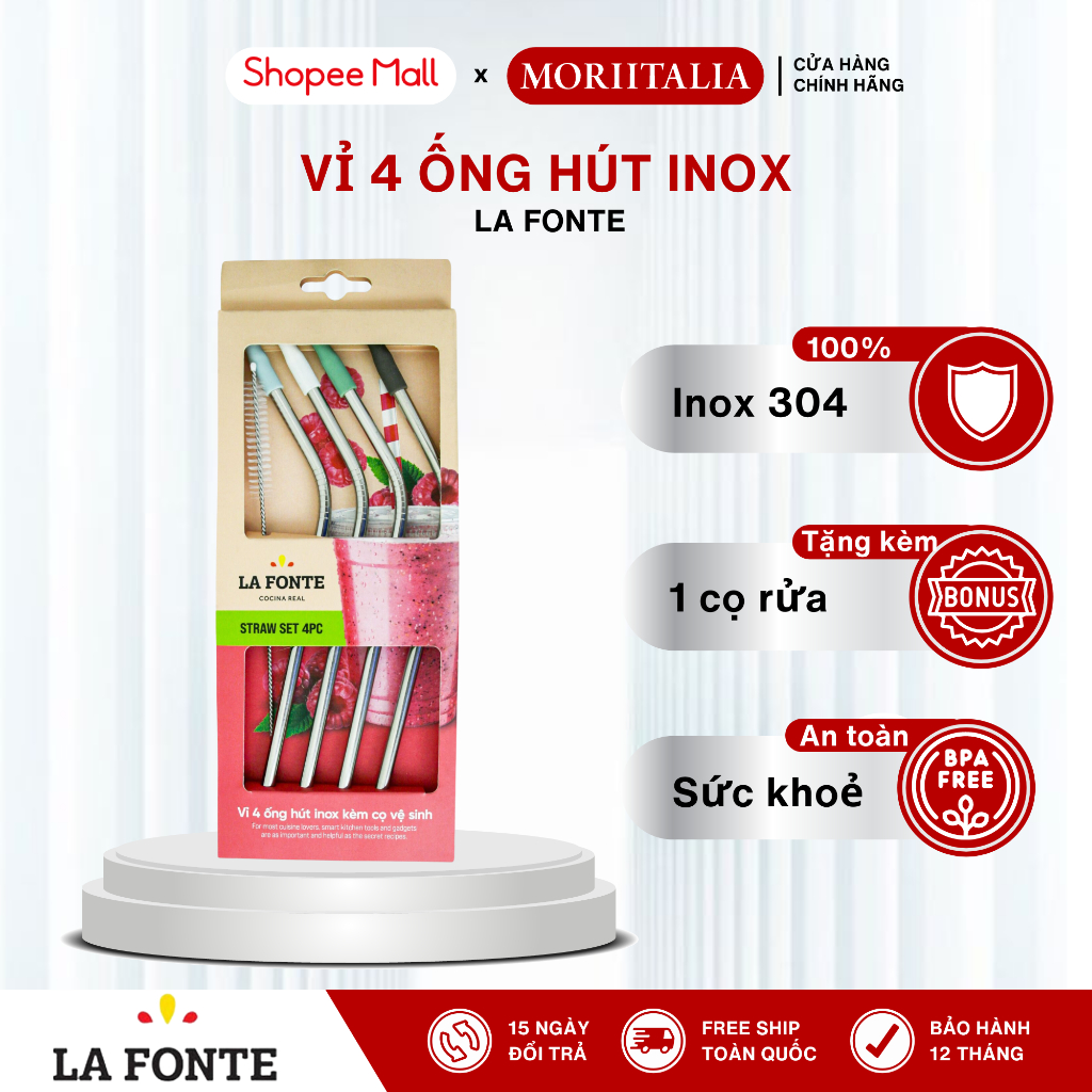 Vỉ 4 ống hút Inox có cọ vệ sinh La Fonte an toàn tiện lợi cao cấp ...