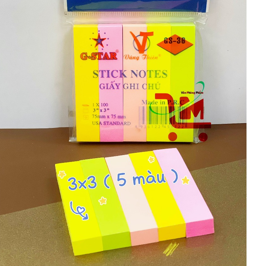 [1 Tá ] 12 Xấp Giấy Ghi Chú Neon 3x3 5 Màu,GSTAR GS-36/Giấy Note Dạ Quang 5 Màu Nhỏ GSTAR Chính ...