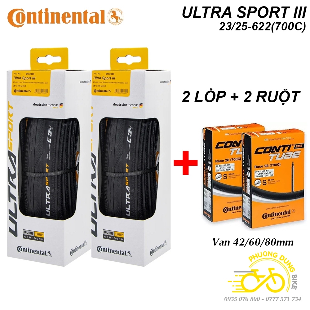 Cặp Lốp (vỏ) và Ruột (săm) xe đạp Continental Ultra Sport 3 700x23C 700x25C - Van dài 42/60/80mm ...