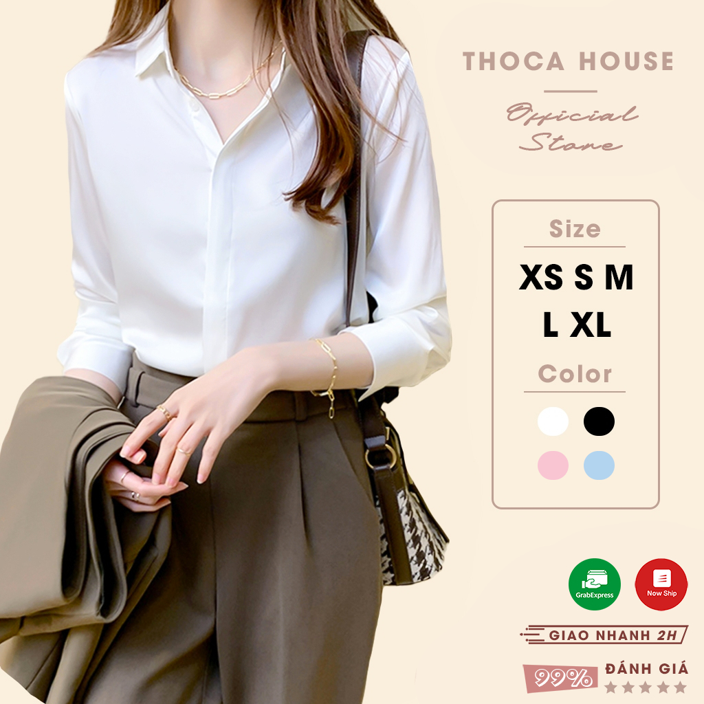 Áo sơ mi nữ dài tay trắng, đen dáng suông giấu nút THOCA HOUSE sơ mi công sở vải lụa chéo mềm ...