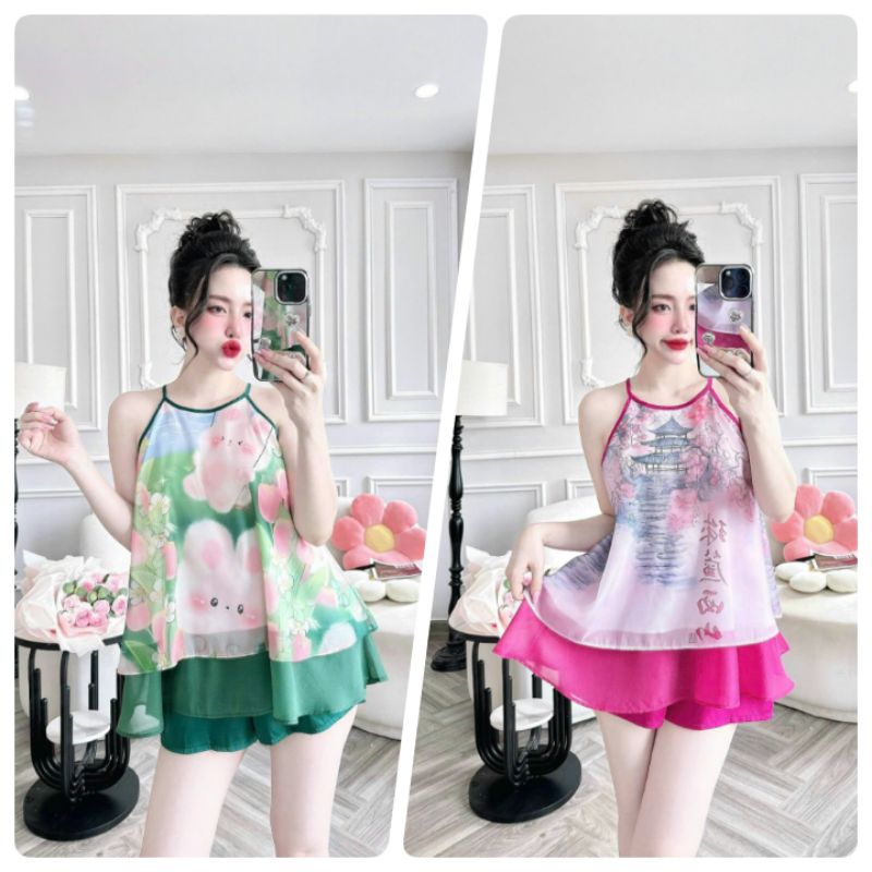 Đồ bộ mặc nhà nữ_ Bộ đùi yếm voan tơ vải lụa mịn size 40_58kg | Shopee Việt Nam