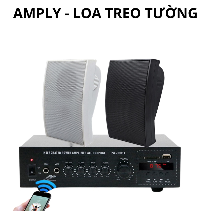 Amly bluetooth PA-90BT và loa treo tường BG-04,amply chuyên dùng cho loa có điện áp không đổi ...