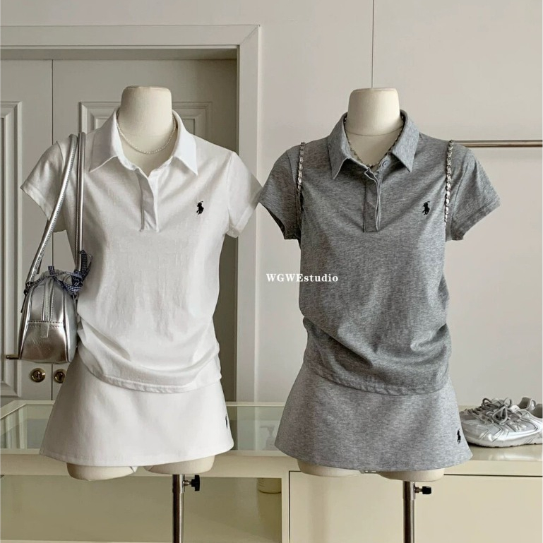 Set áo polo kèm chân váy thêu ngựa, Áo thun thêu ngựa hàng Quảng Châu ...