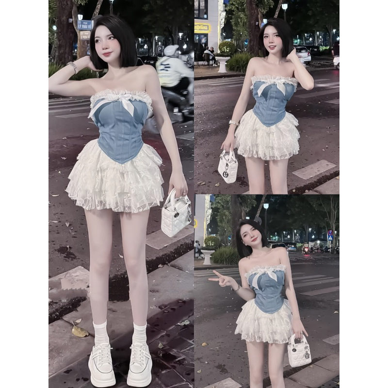 SÉT VÁY ÁO CÚP JEANS CO DÃN KÈM MỐT PHỐI CHÂN VÁY XOÈ NGẮN DỄ THƯƠNG ...