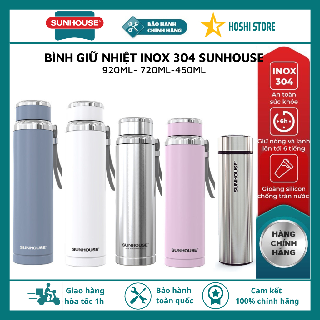 [CHÍNH HÃNG] Bình giữ nhiệt Inox 304 2 lớp cao cấp Sunhouse 920ml, 720ml, 450ml , giữ nóng/lạnh ...