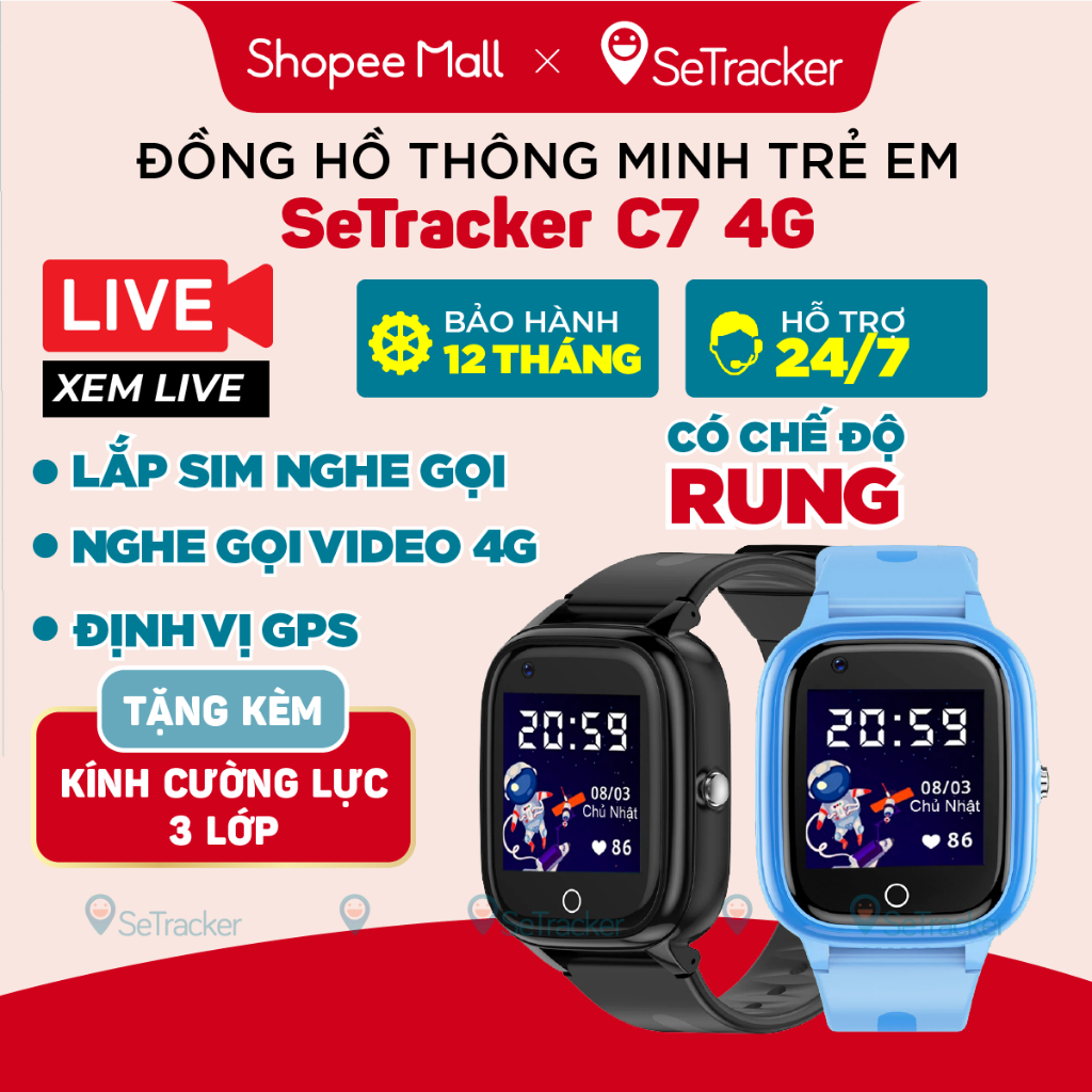 Đồng hồ thông minh trẻ em Setracker C7 4G lắp sim nghe gọi, Video Call,có chế độ rung, định vị ...