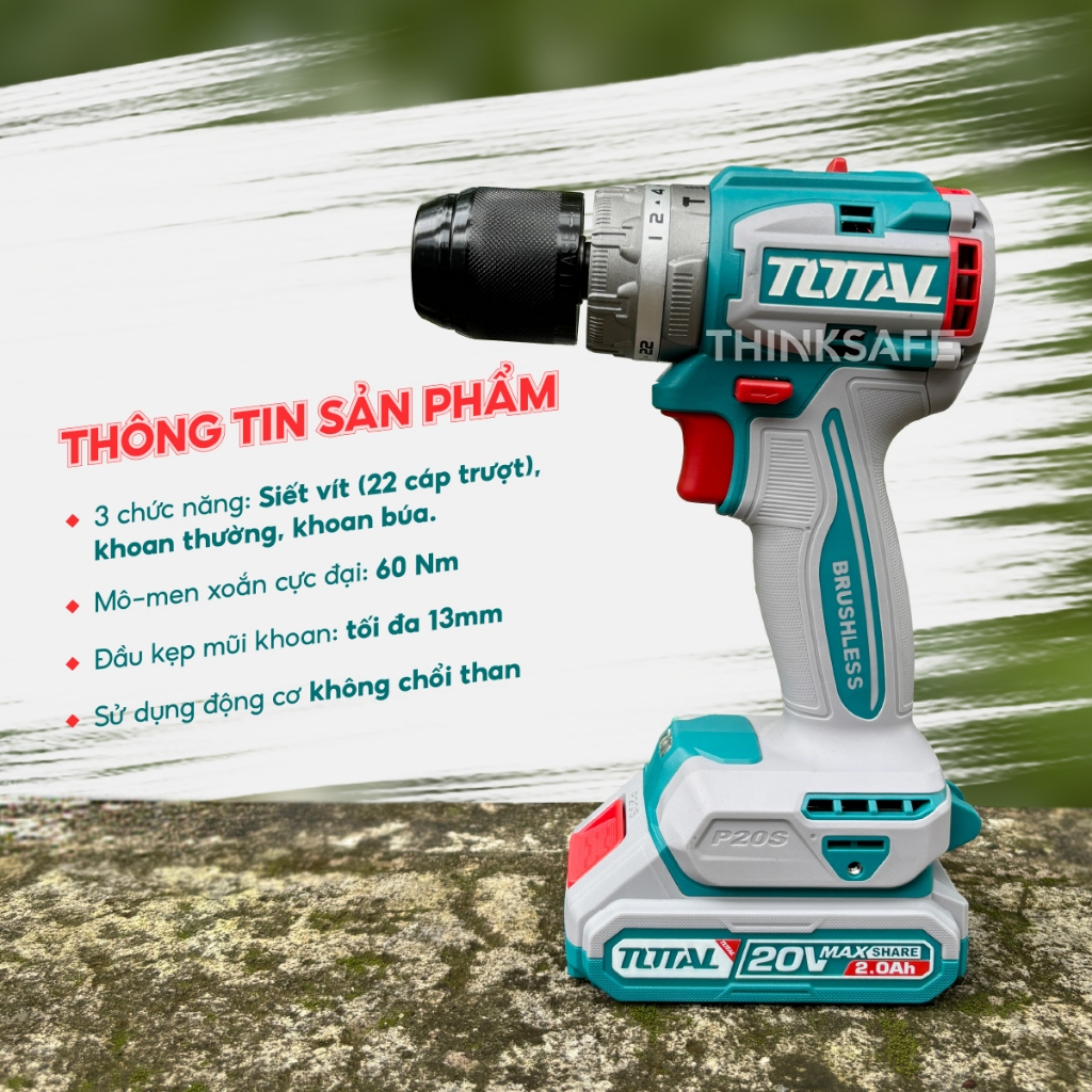 Máy khoan búa pin 20V TOTAL TIDLI20602, 3 chức năng, Mô-men xoắn 60Nm, Khả năng khoan tới 13mm ...