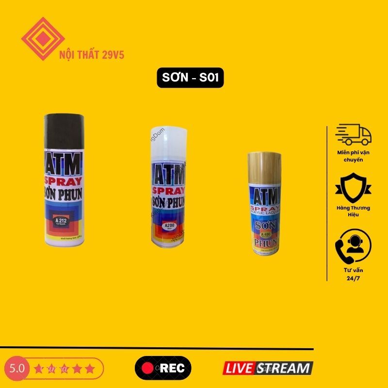 Sơn xịt ATM cầm tay đen A212, trắng A200, vàng gold đa dụng cho nội ...