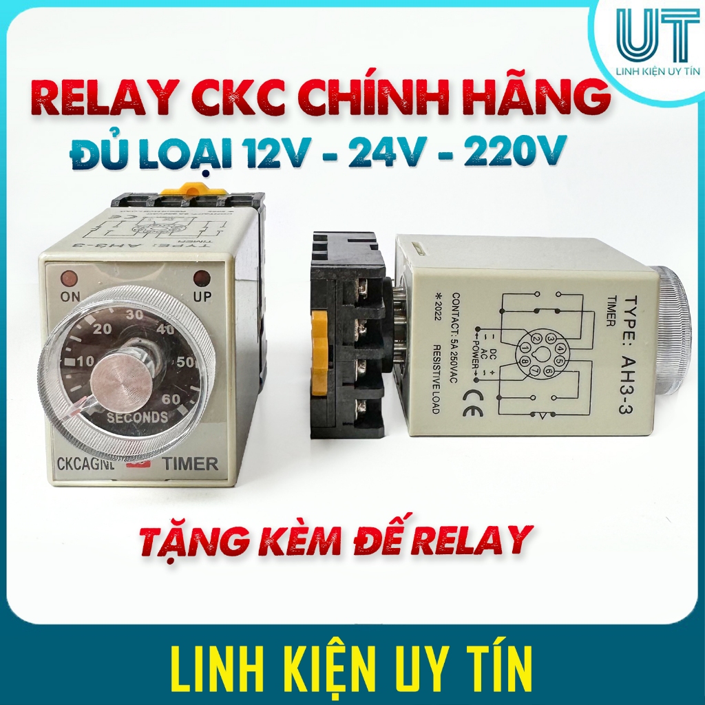 Relay thời gian CKC AH3-3 ( đủ loại 12V, 24V, 220V) TẶNG KÈM ĐẾ - Rơ le timer 1 giây đến 24 giờ ...