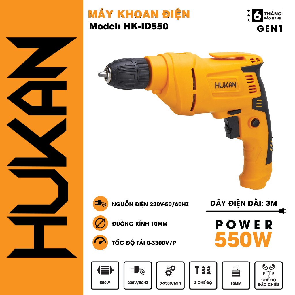 [Chính Hãng] Máy khoan HUKAN HK-ID550 - Đầu kẹp 10mm - Công Suất 550w - Bảo Hành 12 Tháng ...