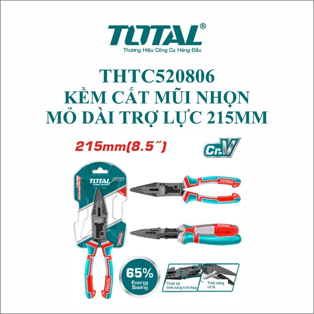 Kìm cắt mũi nhọn mỏ dài trợ lực 215mm TOTAL THTC520806 ,tiết kiệm 65% ...