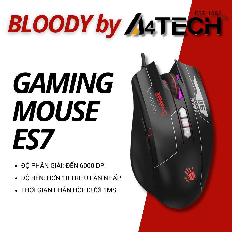 Chuột Chơi Game Thể Thao A4tech Bloody ES7/ 6000CPI 5 Cấp/ Led RGB 16 ...