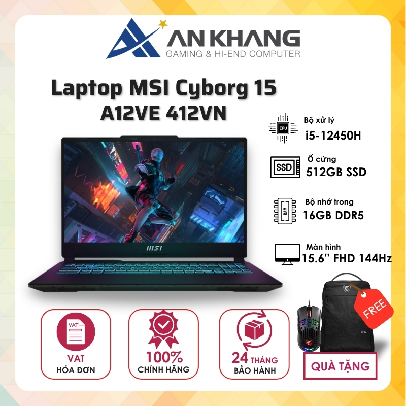 Laptop Gaming MSI Cyborg 15 A12VE 412VN i5-12450H,512GB SSD,8GB DDR5 ...