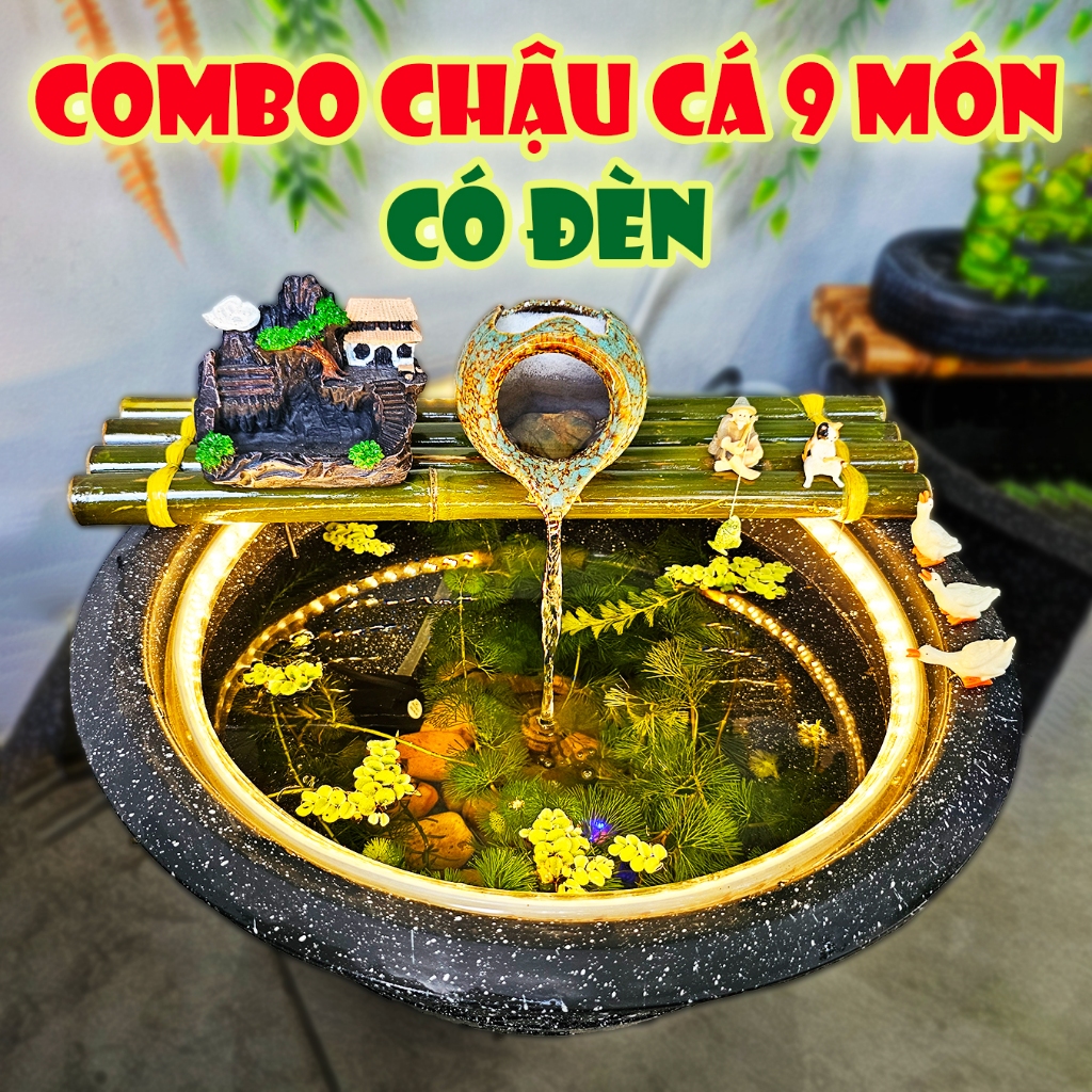 Combo Chậu Cá T48 9 món nhựa kèm đồ trang trí phên tre thác máy bơm lọc ...