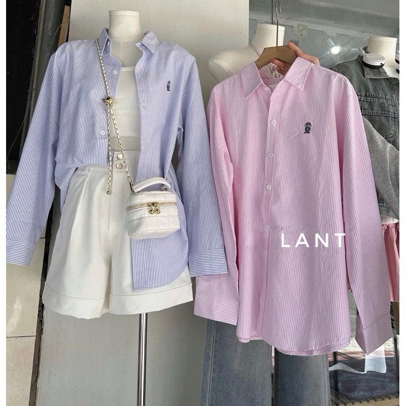 (Lant.clothing)áo sơ mi kẻ thêu nơ/logo xanh/thêu ngua | Shopee Việt Nam