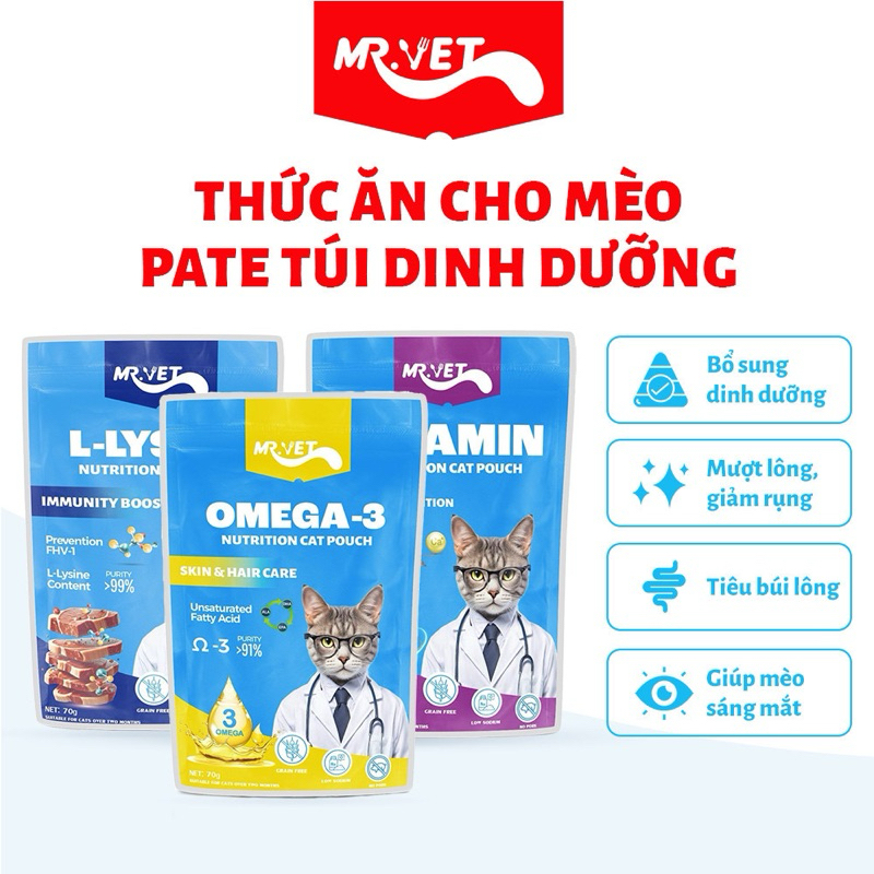 Pate Mr. Vet Gói 70g Dành Cho Mèo Bổ Sung Omega-3, Vitamins, L-Lysine ...