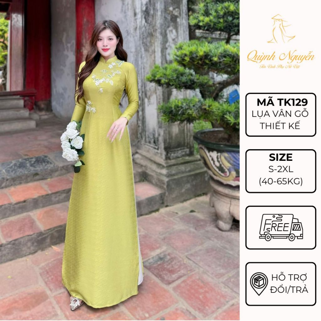 Áo dài thiết kế ÁO DÀI QUỲNH NGUYỄN áo dài gấm vân gỗ đính hoa nổi áo dài nữ truyền thống MÃ ...