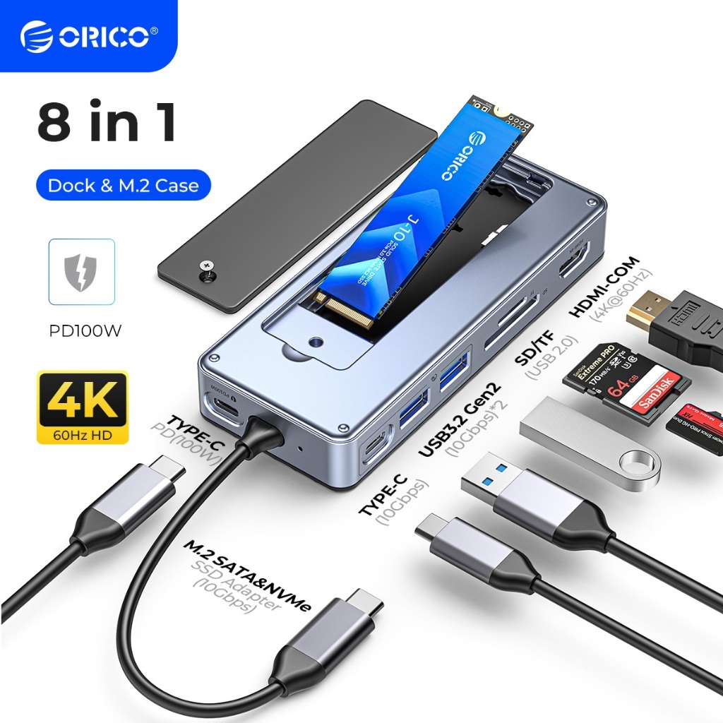 Hub Type C ORICO 8 trong 1 SSD M.2 HDMI 4K @60Hz PD 100W RJ45 SD/TF ...