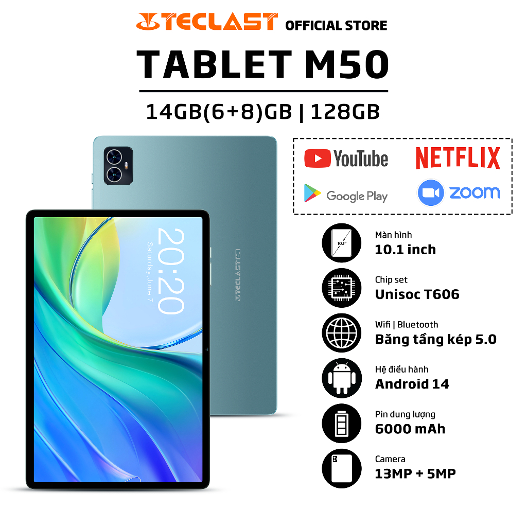 Máy Tính Bảng Teclast M50 Tablet 14GB(6+8)/128GB | Màn Hình 10.1inch | Loa Kép | 2 SIM - Chính ...