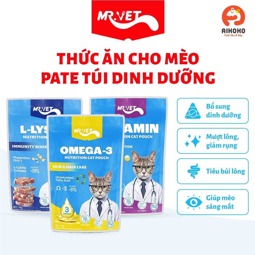 Pate cho Mèo Mr.Vet gói 70gram - Bổ sung Omega-3, Vitamins, L-Lysine ...