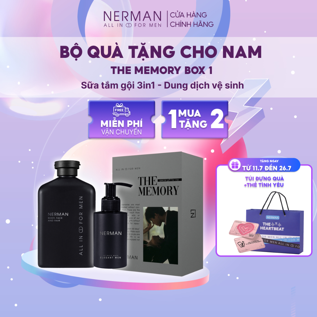 Bộ quà tặng cho nam in ảnh yêu thương THE MEMORY BOX Nerman - Sữa tắm 350m l& DDVS 100ml & Gel ...