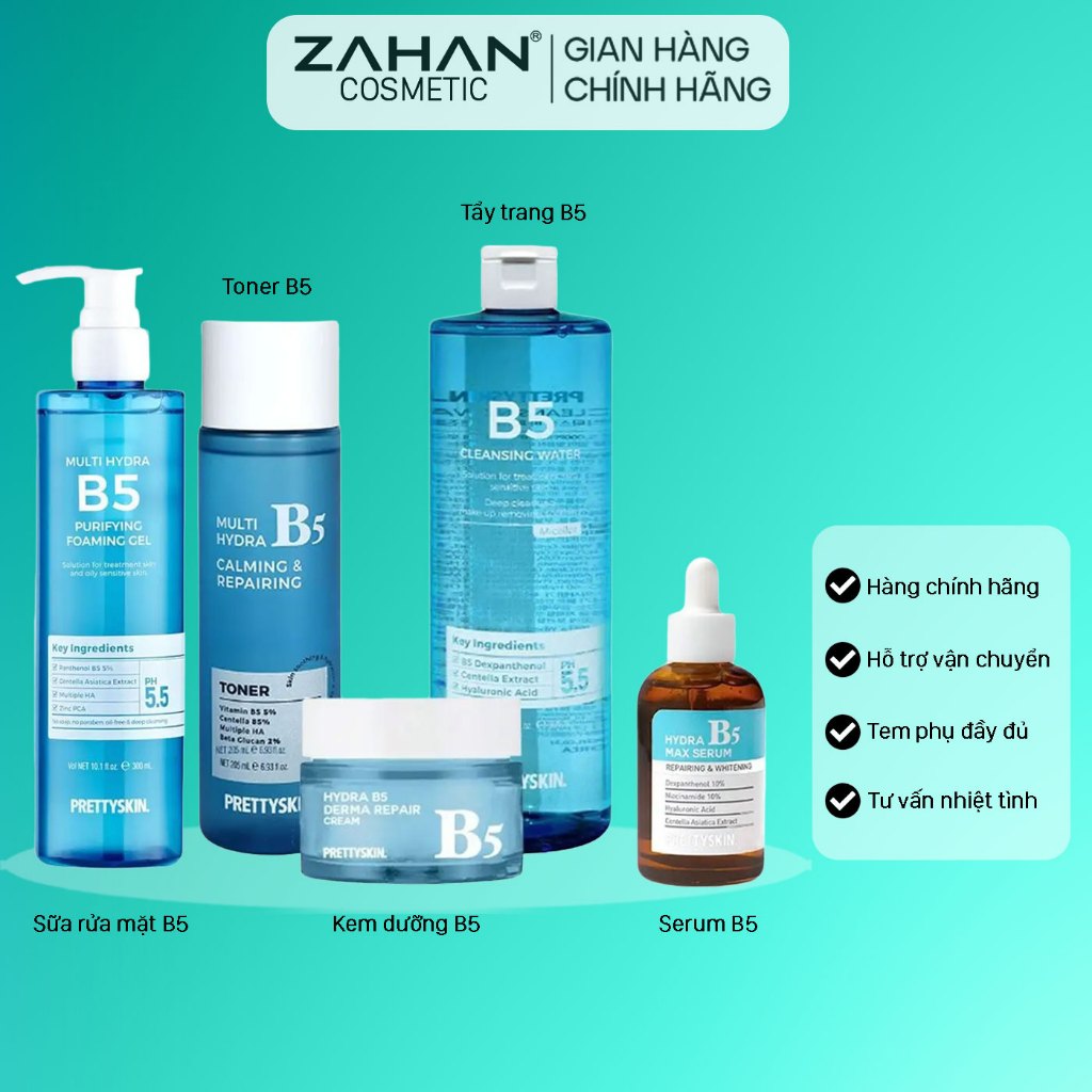 Combo Hydra B5 Prettyskin gồm tẩy trang B5, toner B5, gel rửa mặt B5 ...