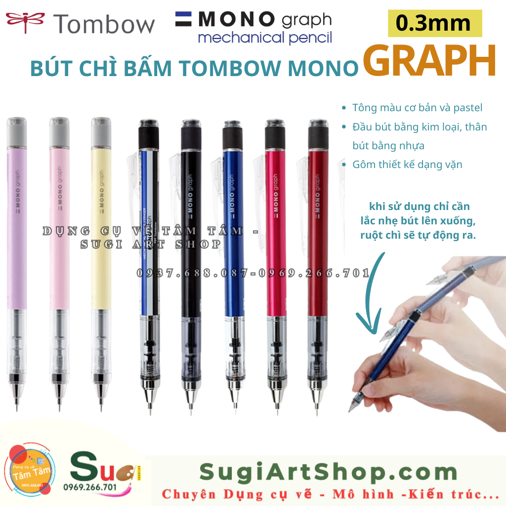 [ TÂM TÂM ] Bút chì kim bấm TOMBOW 0.3mm màu cơ bản và pastel - dòng Mono Graph lắc đẩy ngòi DPA ...