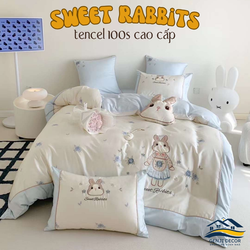 Bộ chăn ga gối lụa Tencel 100s Rabbits xanh Genji Decor đầy đủ kích ...