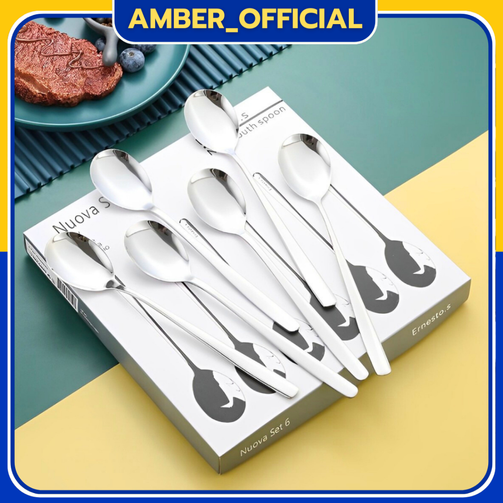 Thìa Ăn Cơm Inox Nouva Đức Cao Cấp Full Box, Bộ Hộp Muỗng , Thìa Cán Dài Inox 304 Cao Cấp 6 Cái ...