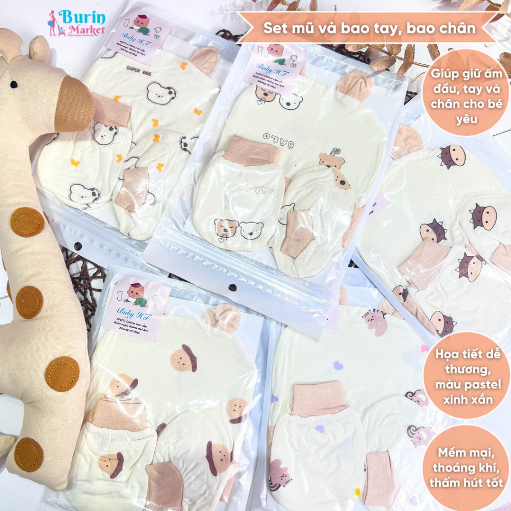 Set bao chân+ bao tay (kèm mũ) Baby HT chất liệu peptit xuất Hàn, mềm ...
