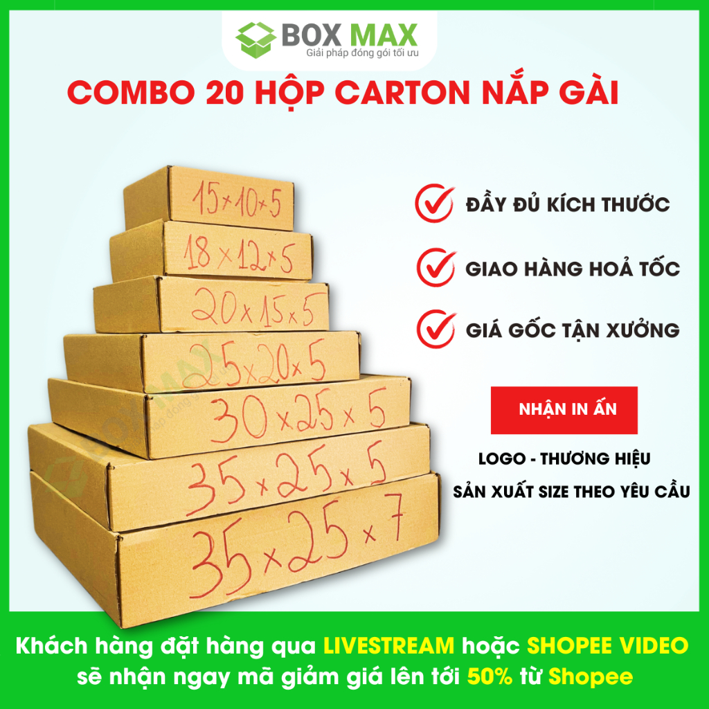 Combo 20 Hộp carton nắp gài nhiều kích thước đựng quần áo phụ kiện giá gốc tận xưởng - Boxmax ...
