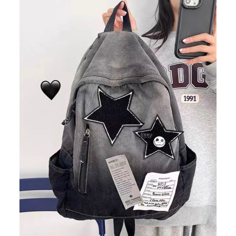 Ba Lô Học Sinh Chất Vải Denim Jean Loang Màu Thêu Ngôi Sao Size To Vừa ...