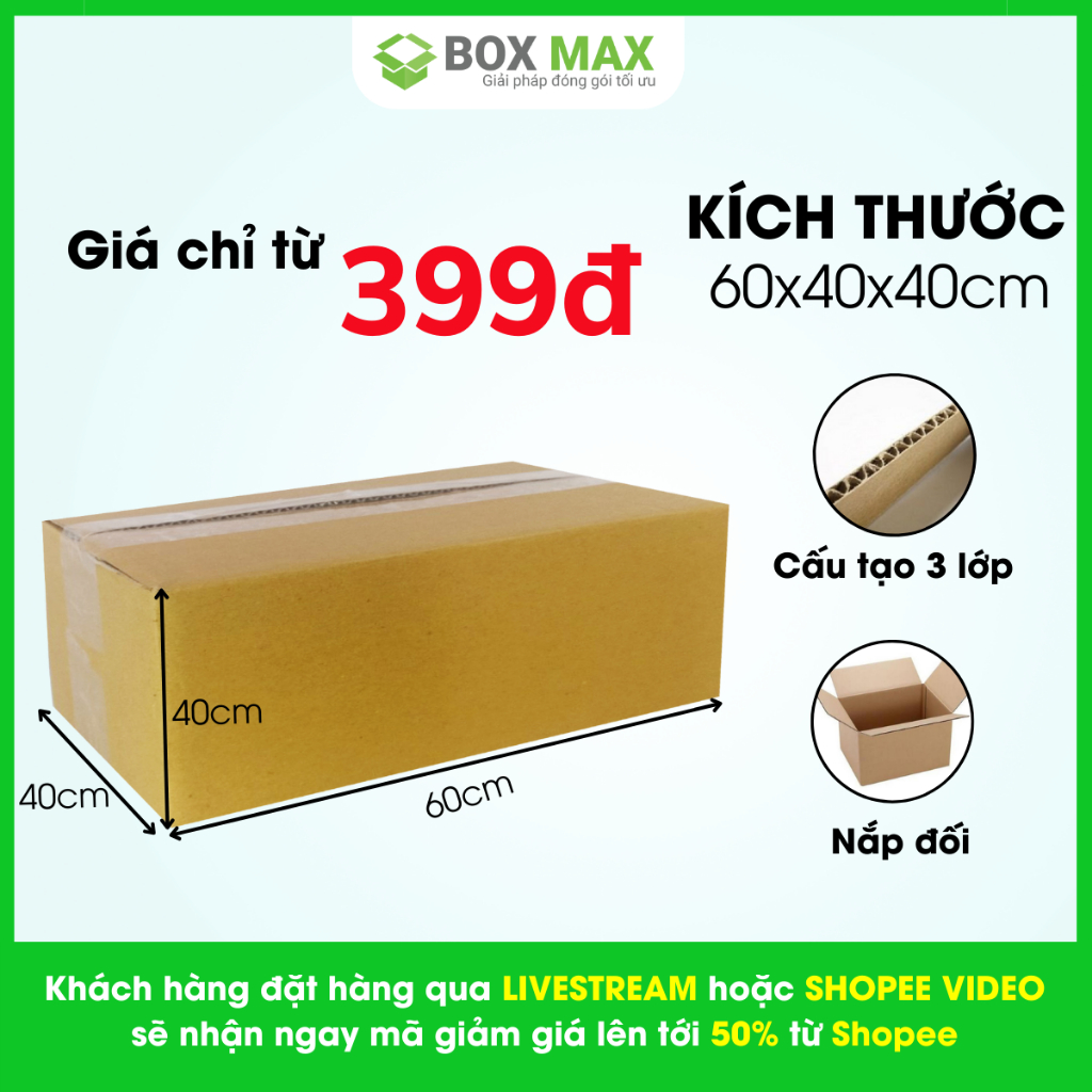 Boxmax - 60x40x40 cm Thùng hộp carton trơn chuyển nhà, chuyển văn phòng, đóng gói hàng tiện lợi ...