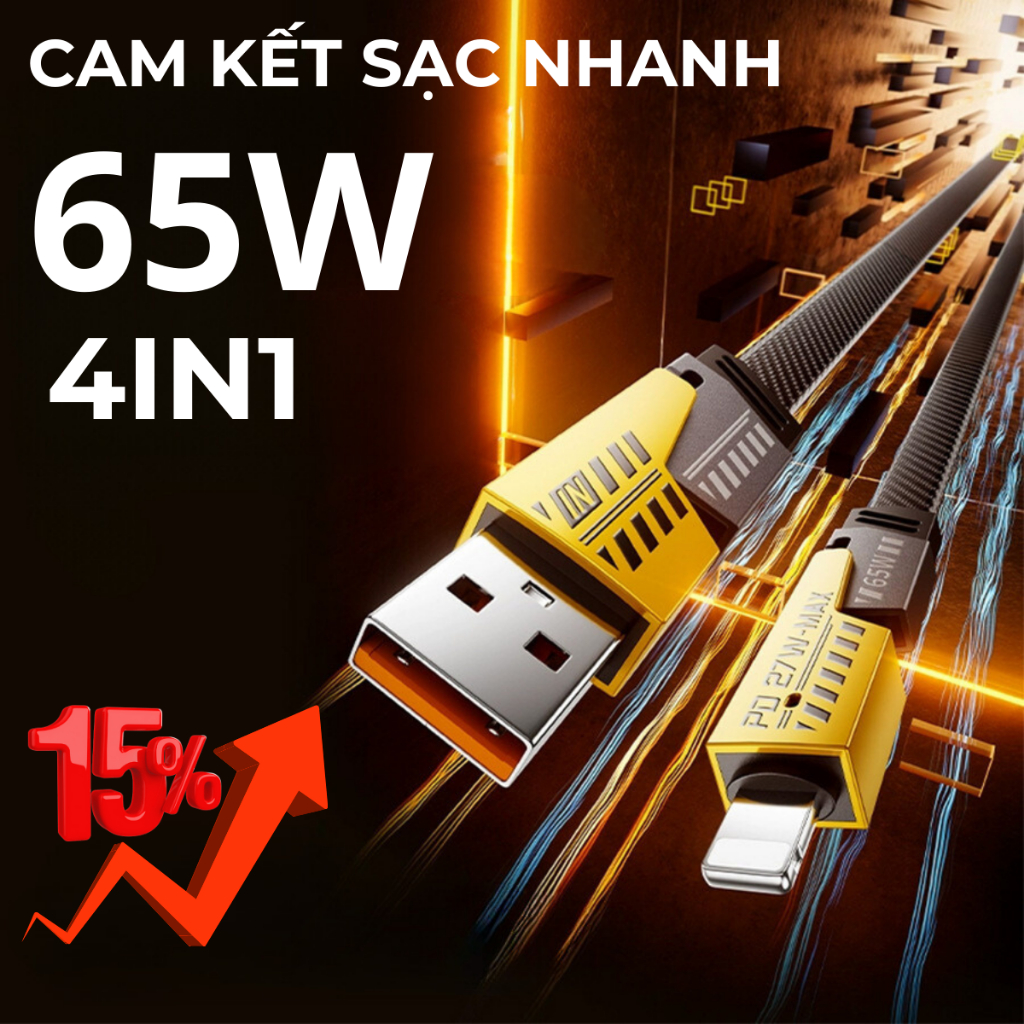 Cáp Sạc 4 Trong 1, Dây Sạc 4 Đầu Sạc Nhanh 65W Cổng C-L, C-C, USB-C, USB-L Hỗ Trợ Sạc Siêu Nhanh ...