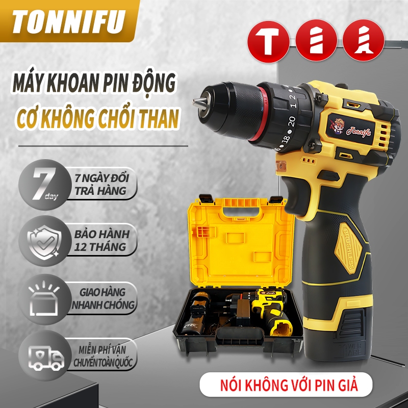 Máy Khoan Pin Tonnifu 10mm Động Cơ Không Chổi Than 1801XL-XH, 2-3 Chức Năng Khoan Tường, Sắt ...