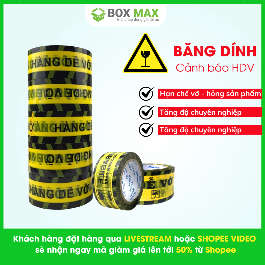 Băng dính hàng dễ vỡ xin nhẹ tay, băng keo in logo hàng dễ vỡ 250g, lõi giấy siêu nhẹ - Boxmax ...