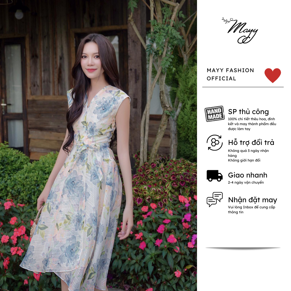 Váy thiết kế MAYY FASHION tơ organza hoạ tiết hoa xanh nhạt Lan Xưa | Shopee Việt Nam