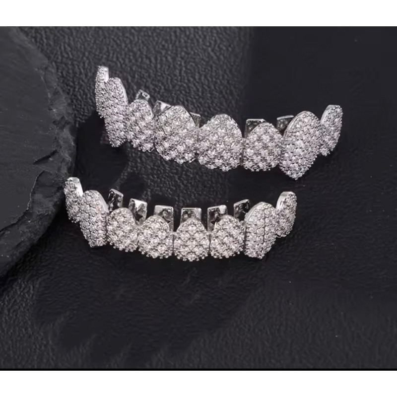 Hai hàm grillz trang sức răng đính full đá 8 răng có răng nanh vàng bạc ...
