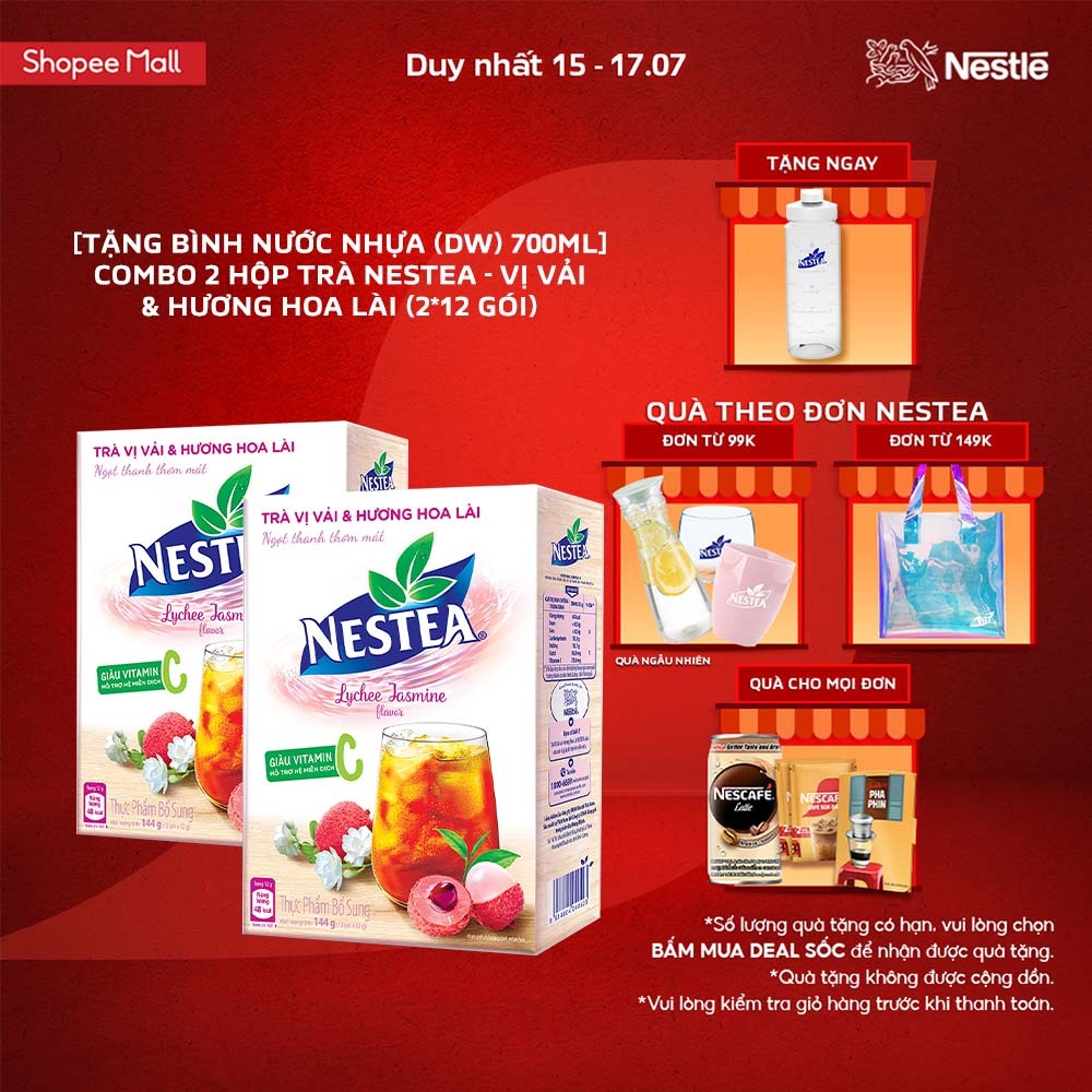 [TẶNG bình nước nhựa (DW) 700ml] Combo 2 Hộp trà NESTEA - VỊ VẢI & HƯƠNG HOA LÀI (2*12 gói ...