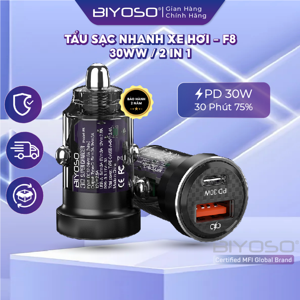 Tẩu Sạc Nhanh BIYOSO F8 30W 2 Cổng Usb và TypeC Dùng Trên Xe Hơi ( Ô tô ) cho iP Samsung Oppo ...