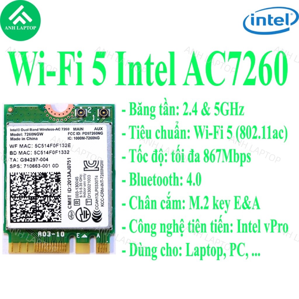 Card wifi intel AC7260 lắp cho laptop, pc,... 2 băng tần, tốc độ ...
