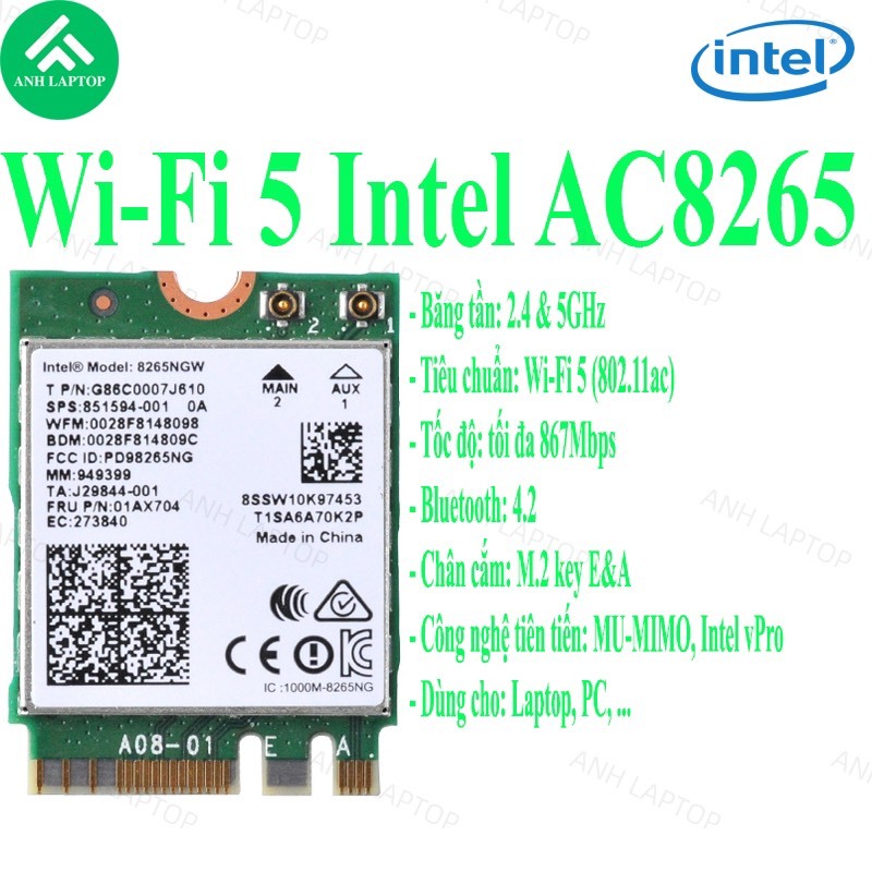 Card wifi 5 intel AC 8265. Lắp cho laptop, pc, ... 2 băng tần, tốc độ ...