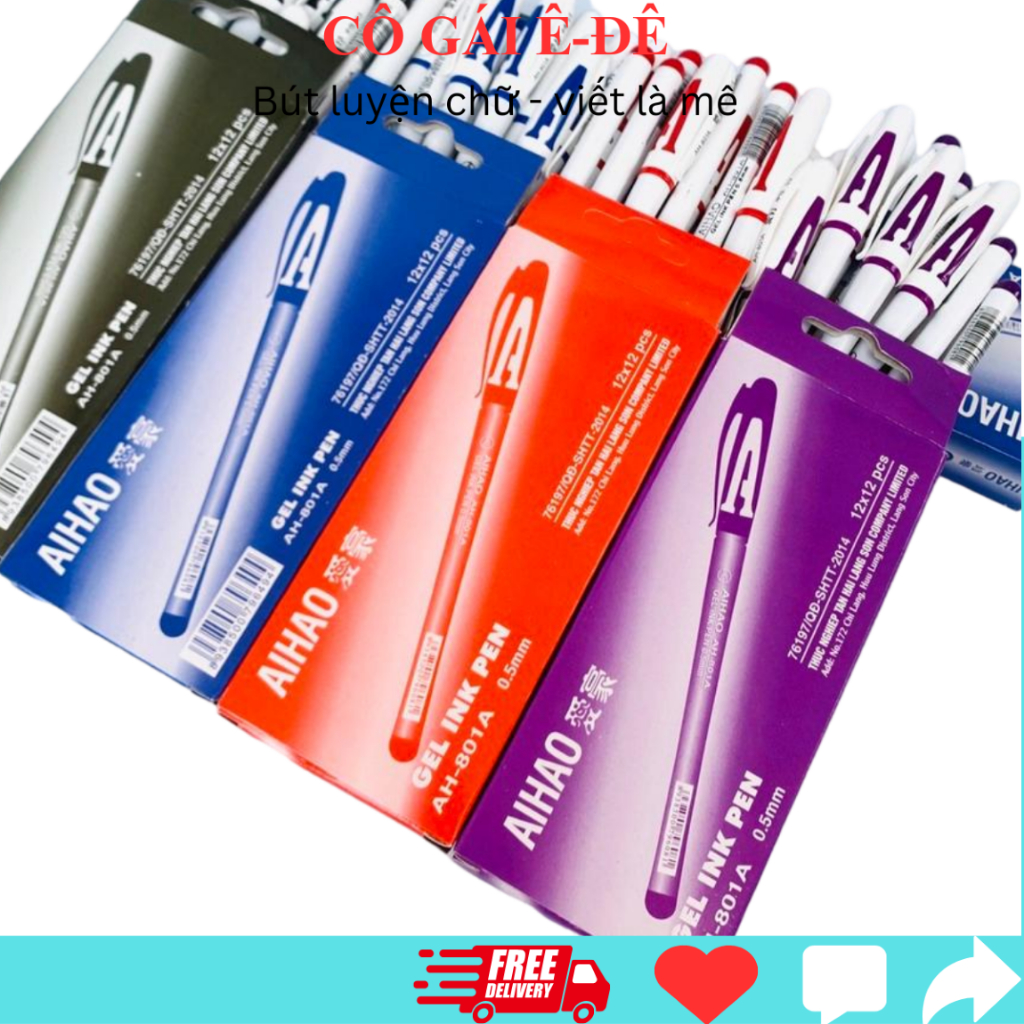 Hộp 12 bút gel chữ A Aihao mực Xanh/Tím ngòi 0.5mm phù hợp cho học sinh ...
